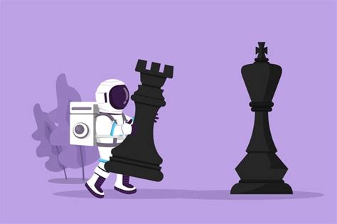 캐릭터 평면 그리기 젊은 우주 비행사 달 표면에서 킹 체스를 이길 루크 체스 조각을 들고 전략 운동 게임 계획 우주 비행사 깊은 공간 개념 만화 디자인 벡터 일러스트 레이