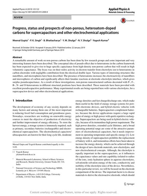 Progress Status And Prospects Of Non Porous Heteroatom Doped Carbons For Supercapacitors And