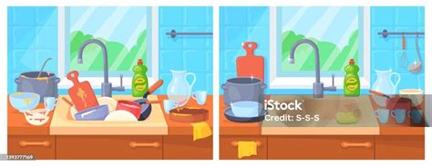지저분한 접시를 가라 앉히십시오 부엌에서 요리 한 후 더러운 접시 씻기 음식에서 컵과 접시를 청소하고 세면대에서 깨끗한 반짝이는 기구 세척 스폰지 만화 깔끔한 벡터 일러스트