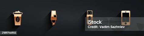 커피 컵을 이동 마커 펜 Usb 플래시 드라이브 및 긴 그림자가 있는 휴대폰 아이콘을 설정합니다 벡터 Usb 케이블에 대한 스톡 벡터 아트 및 기타 이미지 Istock
