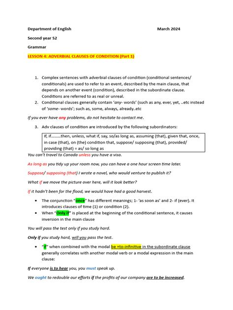 Adverbial Clauses Of Condition Part 1 And 2 Pdf Grammar Semantic Units