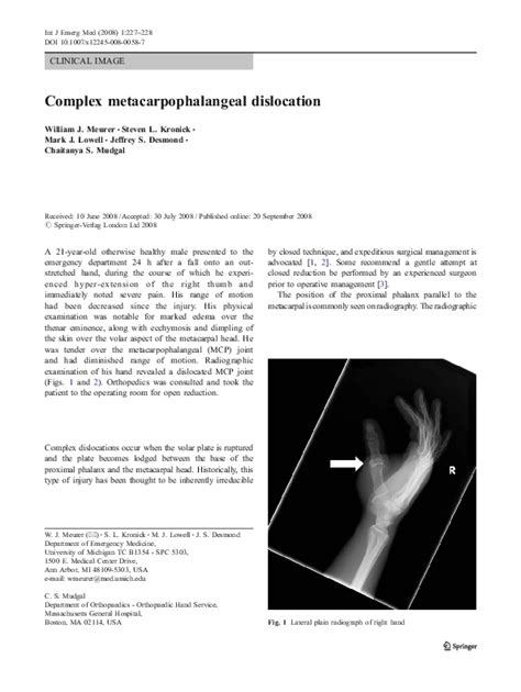 Pdf Complex Metacarpophalangeal Dislocation