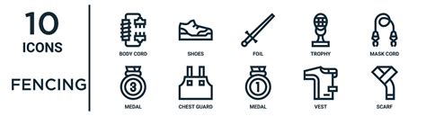 펜싱 윤곽선 아이콘 세트에는 얇은 선 바디 코드 호일 마스크 코드 가슴 가드 조끼 스카프 보고서 프리젠 테이션 다이어그램 웹 디자인을위한 메달 아이콘이 포함됩니다 0명에