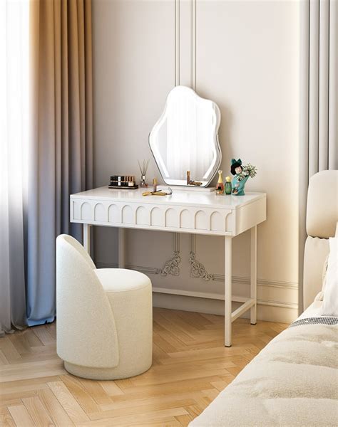 โต๊ะเครื่องแป้งขนาดเล็ก สไตล์มินิมอล สีขาวล้วน กระจกนางฟ้า