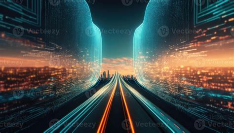 Abstract Highway Path Through Digital Binary Towers In City Concept Of