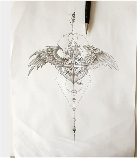 수원타투 타투이스트 나루 날개 나침반 닻 을 주제로한 기하학타투 디자인작업입니다 날개타투