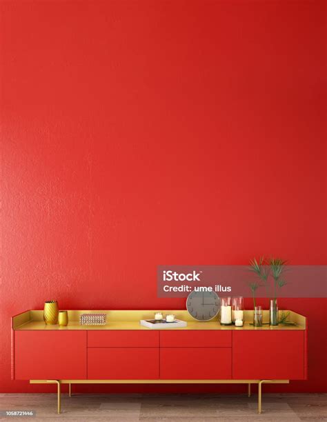 거실에 나무 바닥에 빨간색 배경 캐비닛 리셉션 인테리어 디자인 3d 그림 3 차원 렌더링 모던 양식에 대한 스톡 사진 및 기타 이미지 Istock