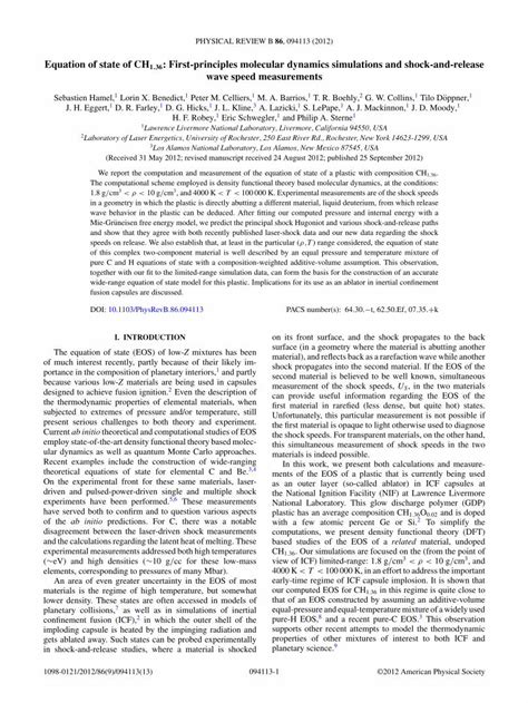 PDF First Principles Molecular Dynamics Simulations And Shock And Release Wave Speed