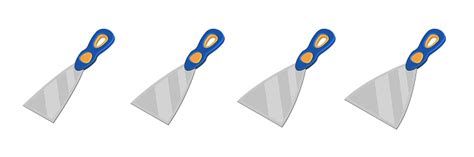 파란색과 노란색 플라스틱 손잡이만화 주걱 흰색에 격리 된 벽 작업자 흙의 등색 벡터 그림입니다 다른 크기 퍼티 나이프 벡터 아이콘 세트 시공 및 스크래커 도구 3차원 형태에