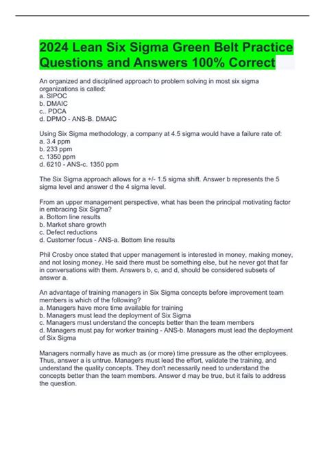2024 Lean Six Sigma Green Belt Practice Questions And Answers 100