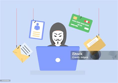 사이버 범죄자 피싱 개인 데이터 훔치기 사용자 로그인 해킹 암호 해커는 악성 코드를 사용하여 은행 카드 및 노트북 보안을 공격하려고합니다 만화 개요 선형 플랫 벡터 일러스트