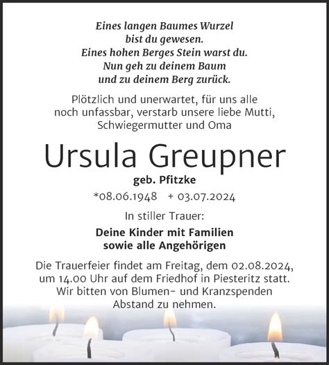 Traueranzeigen Von Ursula Greupner Abschied Nehmen De