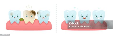 치과 문제 및 치아 위생 만화 치아는 충치가있는 잇몸에 줄 대 깨끗한 건강한 치아 0명에 대한 스톡 벡터 아트 및 기타 이미지 0명 개념 개념과 주제 Istock