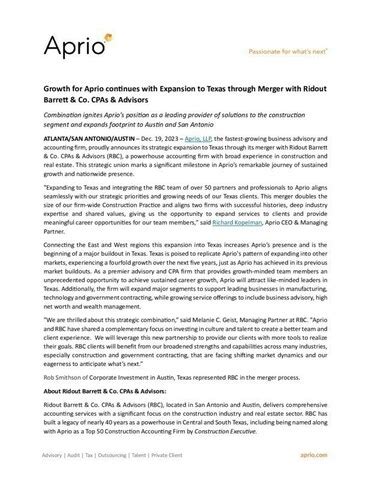Growth For Aprio Continues With Expansion To Texas Through Merger With