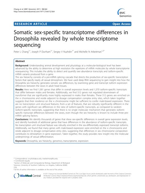 Pdf Somatic Sex Specific Transcriptome Differences In Drosophila