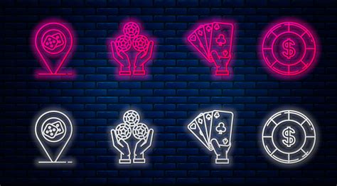 세트 라인 손 카지노 칩을 들고 손 들고 카드 달러 기호 카지노 위치와 카지노 칩 벽돌 벽에 빛나는 네온 아이콘입니다 벡터 내비게이션에 대한 스톡 벡터 아트 및 기타 이미지