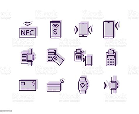 Nfc 지불 플랫 라인 아이콘 설정 Pos 단말기로 결제하는 스마트폰과 카드 Nfc의 벡터 기호입니다 상점 웹 사이트 또는 모바일 앱을위한 간단한 플랫 벡터 일러스트 레이