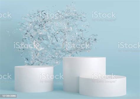 파란색 배경에 물이 튀는 흰색 연단 제품 화장품 프리젠테이션을 위한 모형 미용 제품을 위한 받침대 또는 플랫폼 텅 빈 장면 무대 디스플레이 쇼케이스 3d 렌더링 0명에 대한