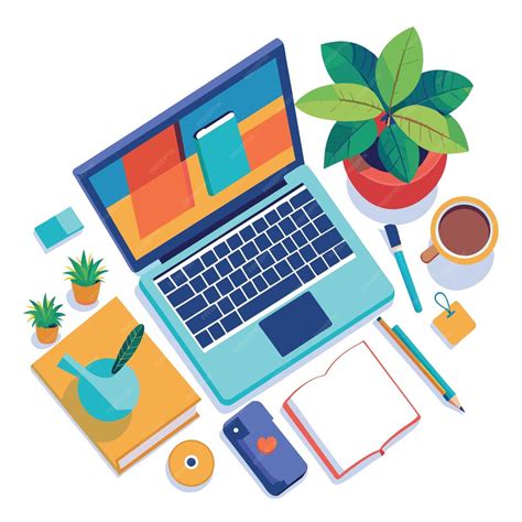 Premium Vector Top View Desk With Laptop Computer Notebook Pencil And