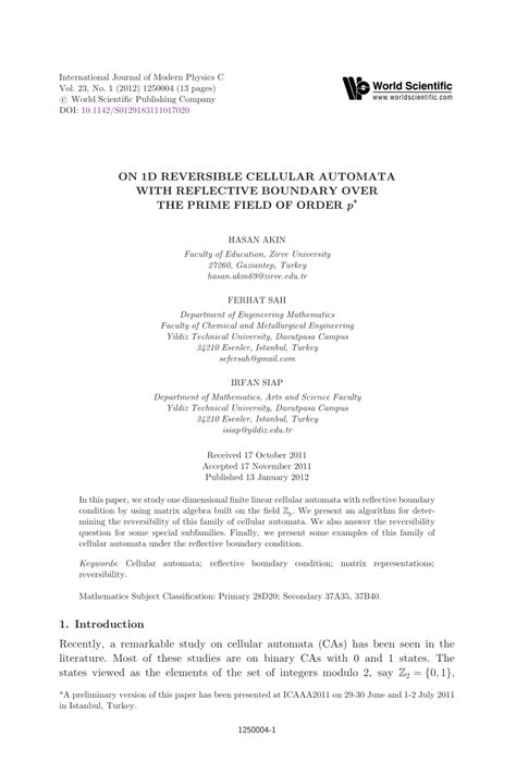 Pdf On 1d Reversible Cellular Automata With Reflective Boundary Over The Prime Field Of Order P