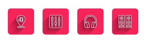 라인 위치 음표 사운드 믹서 컨트롤러 헤드폰 및 긴 그림자가 있는 스테레오 스피커를 설정합니다 빨간색 사각형 버튼입니다 벡터 그림자에 대한 스톡 벡터 아트 및 기타 이미지