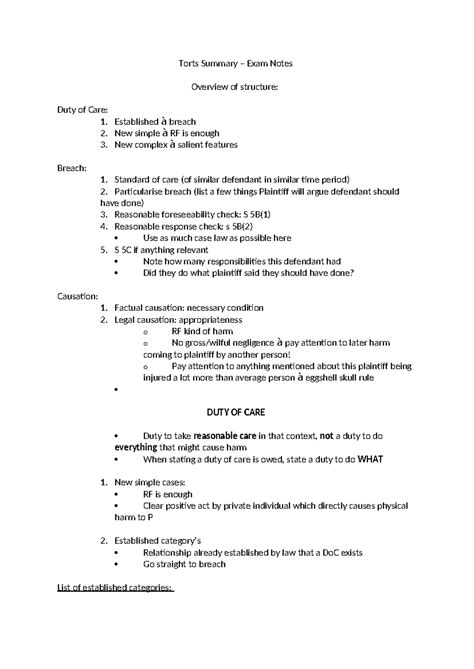 Torts Final Summary Notes Torts Summary Exam Notes Overview Of Structure Duty Of Care 1