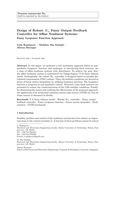 Pdf Design Of Robust Hinf Fuzzy Output Feedback Controller For Affine Nonlinear Systemsfuzzy