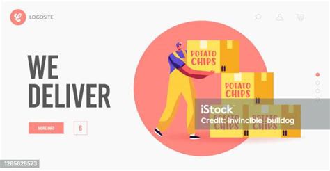 음식 배달 방문 페이지 템플릿 택배 남성 캐릭터는 소비자에게 감자 칩 상자를 제공합니다 쇼핑주문 감자 요리에 대한 스톡 벡터