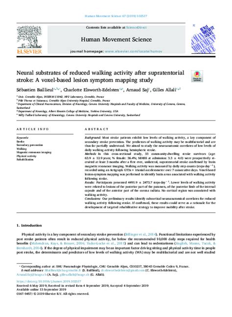 Pdf Neural Substrates Of Reduced Walking Activity After Supratentorial Stroke A Voxel Based
