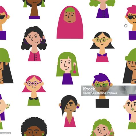 다양한 인종의 여성 얼굴 피부 색조 및 헤어 스타일 소녀 파워 개념 여성의 다양성과 평등 플랫 벡터 원활한 패턴 여자에 대한
