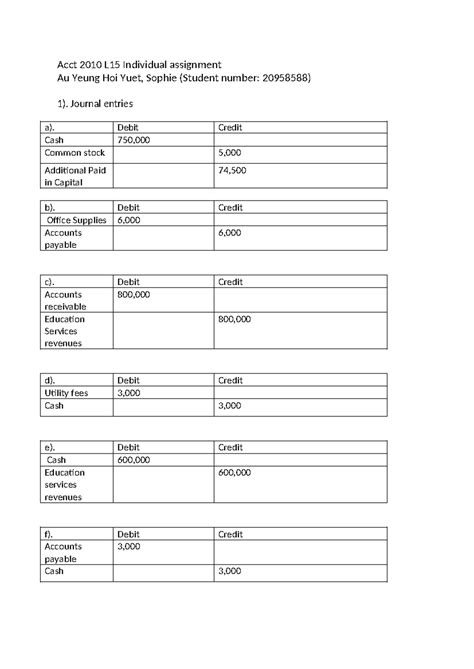 Acct 2010 L15 Individual Assignment Journal Entries And Financial