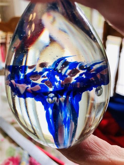 Heavy Lead Crystal Blue Pink And Clear Paperweight On Floral Background