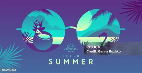 둥근 모양의 선글라스와 열대 해변 풍경이 있는 화려한 여름 배경 벡터 그림 계절에 대한 스톡 벡터 아트 및 기타 이미지 계절 구름 그라데이션 Istock