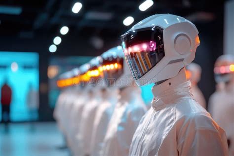 Futuristic Robots With Helmets In Uniform Assembly Line Stock Image Image Of Science Helmets