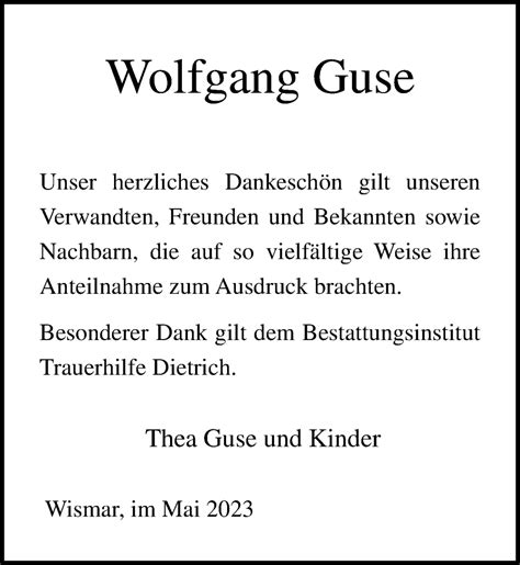 Traueranzeigen Von Wolfgang Guse Trauer Anzeigende