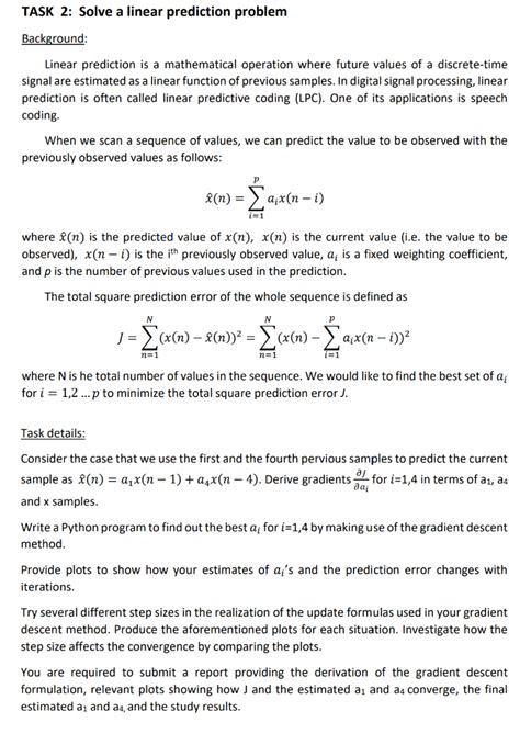 TASK Solve A Linear Prediction Problem Background Chegg Com