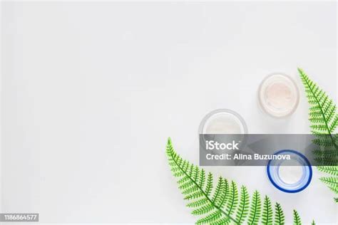 천연 유기농 화장품으로 평평하게 누워 녹색 잎흰색 배경에 크림 스킨 케어 미용 피부과 개념 뷰티 인증서 블로그 스타일 탑 뷰 모형 오버헤드 0명에 대한 스톡 사진 및 기타