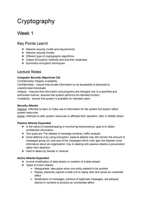 cryptography week 1 lec notes cryptography week 1 key points learnt