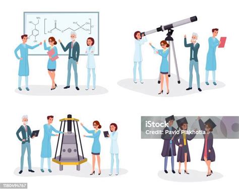과학자와 졸업생 평면 그림 세트 대학생 화학자 천문학자 및 엔지니어팀 만화 캐릭터 전문 과학 및 학술 교육 개념 디자인 요소 과학자에 대한 스톡 벡터 아트 및 기타 이미지