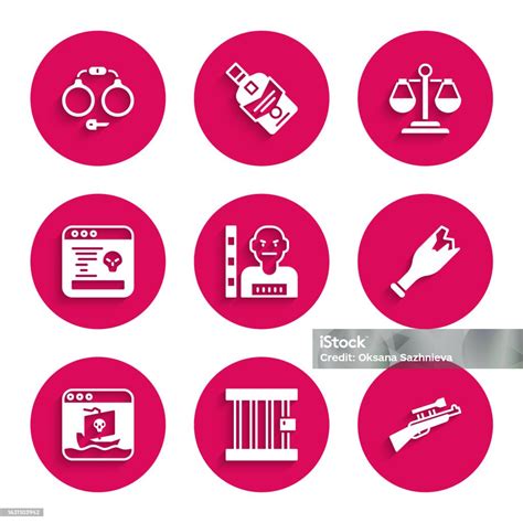 용의자 범죄자 감옥 창 스코프가 있는 저격 소총 깨진 병을 무기로 설정 인터넷 불법 복제 시스템 버그 정의의 비늘 및 수갑 아이콘을 설정합니다 벡터 0명에 대한 스톡 벡터