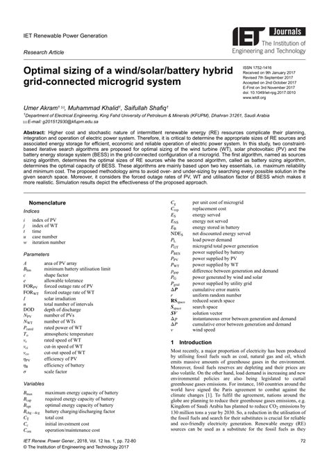 PDF Optimal Sizing Of A Wind Solar Battery Hybrid Grid Connected Microgrid System
