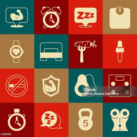 여성 허리 욕실 저울 기름이 든 피펫 졸린 큰 침대 스마트 시계 보디 빌더 근육 및 당근을 포크 아이콘에 설정하십시오 벡터 가구에 대한 스톡 벡터 아트 및 기타 이미지