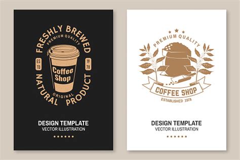 Coffe 상점 로고 배지 템플릿 벡터 플라이어 브로셔 배너 종이 커피 컵포스터 디자인 커피 콩 실루엣이 있는 가방 세트 레스토랑 카페 바 포장 메뉴용 템플릿 메뉴판에 대한