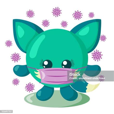 둥근 몸과 그림자가있는 평평한 디자인의 바이러스로 둘러싸인 보호 의료 용 얼굴 마스크가있는 재미있는 귀여운 가와이 여우 0명에 대한 스톡 벡터 아트 및 기타 이미지 Istock