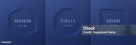 육각형 원형 정사각형 프레임이 있는 3d 사실적인 짙은 남색 배경 세트 복사 공간이 있는 최소 Neumorphism 기하학적 프레임 배경 상단 View 제품 디스플레이 빛과