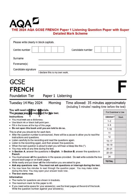 The 2024 Aqa Gcse French Paper 1 Listening Question Paper With Super