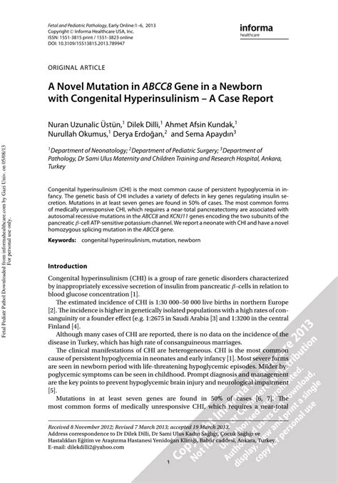 Pdf A Novel Mutation In Abcc8 Gene In A Newborn With Congenital