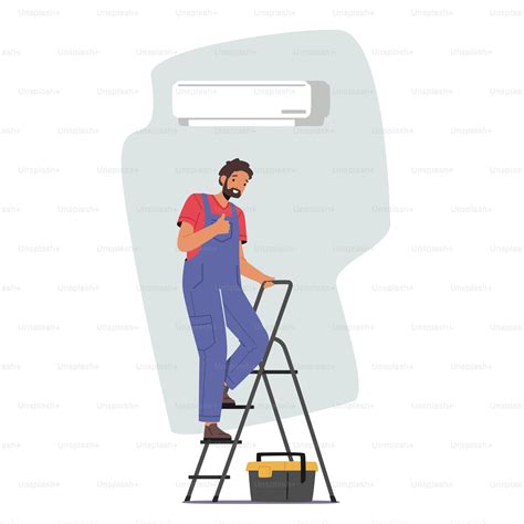 제복을 입은 젊은 전문 남성 캐릭터는 집이나 사무실에서 컨디셔너를 성공적으로 설치한 후 엄지손가락을 치켜세운다 유지 보수