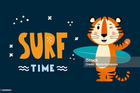 귀여운 서퍼 호랑이와 엽서 템플릿 중국 달력에서 올해의 상징 2022 손으로 쓴 텍스트 서핑 시간 벡터 스톡 일러스트레이션입니다 0명에 대한 스톡 벡터 아트 및 기타 이미지
