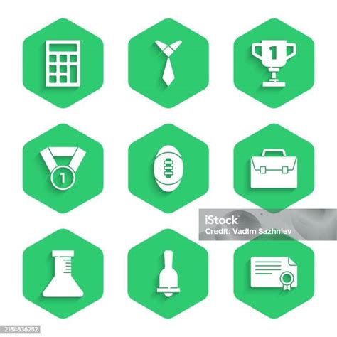 미식 축구 공 울리는 종 인증서 템플릿 서류 가방 시험관 및 플라스크 메달 수상 컵 및 계산기 아이콘을 설정합니다 벡터 1에 대한 스톡 벡터 아트 및 기타 이미지 Istock